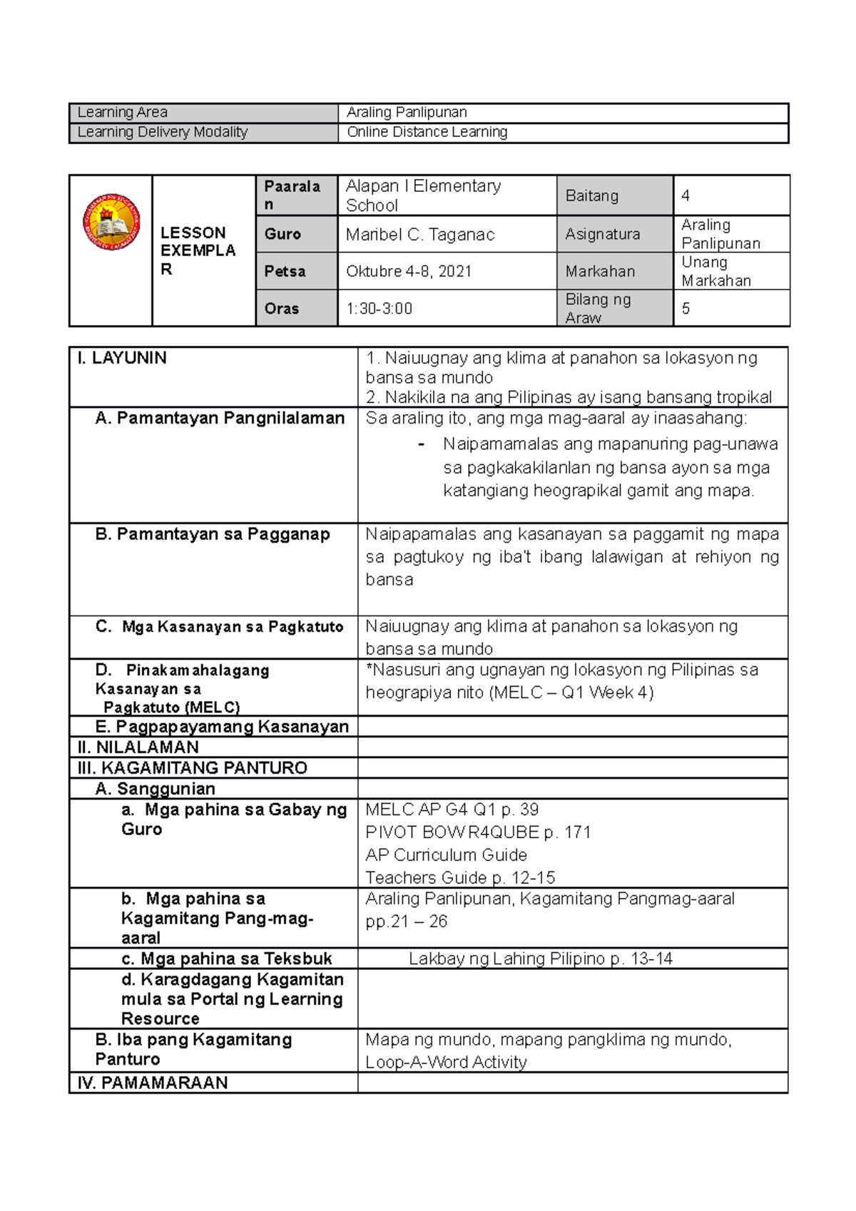 AP4 LE Q1 W4 - Effective lesson planning contributes to successful ...