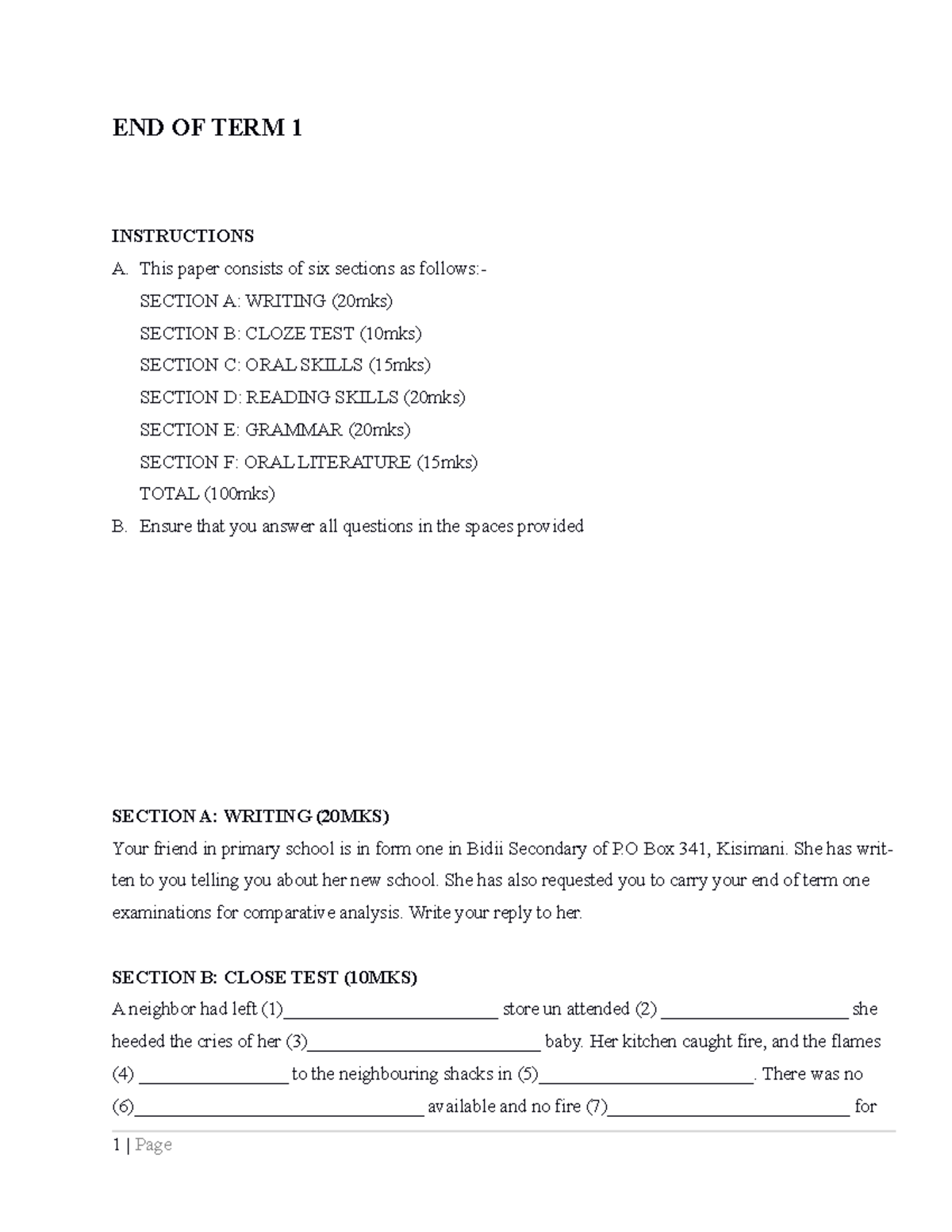 English-FORM-1 - Best - END OF TERM 1 INSTRUCTIONS A. This paper ...