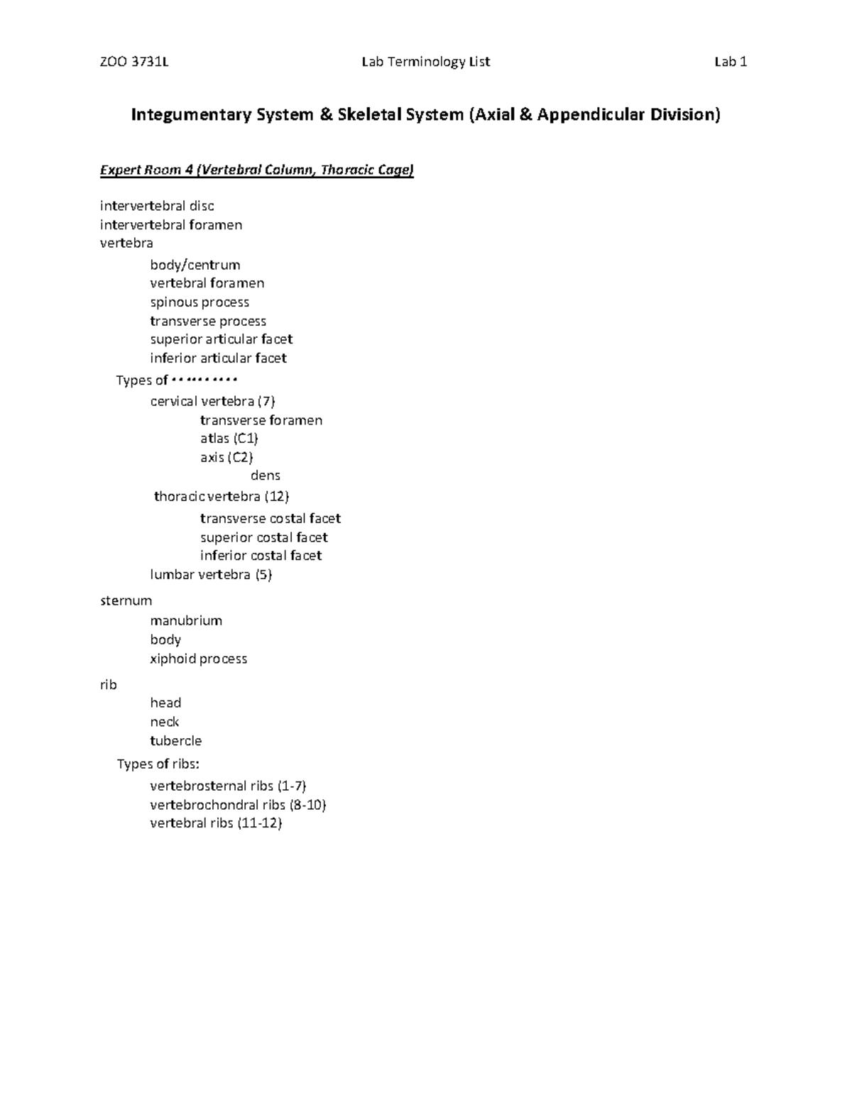 Lab 1 Expert Room 4 - Terminology List & Pictures - ZOO 3731L Lab ...