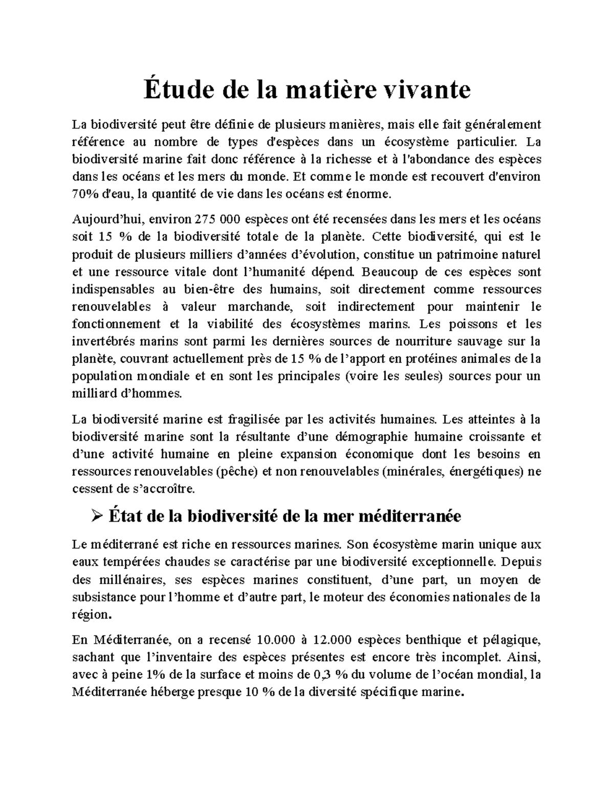 Etude de la matière vivante - Étude de la matière vivante La ...