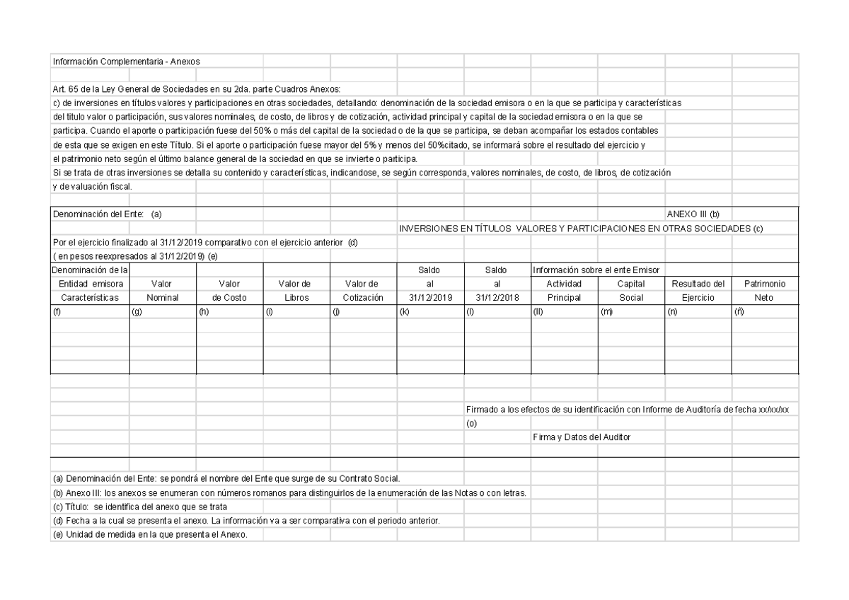 Informacion Complementaria Anexo de Inversiones - Información Complementaria - Anexos Art. 65 de ...