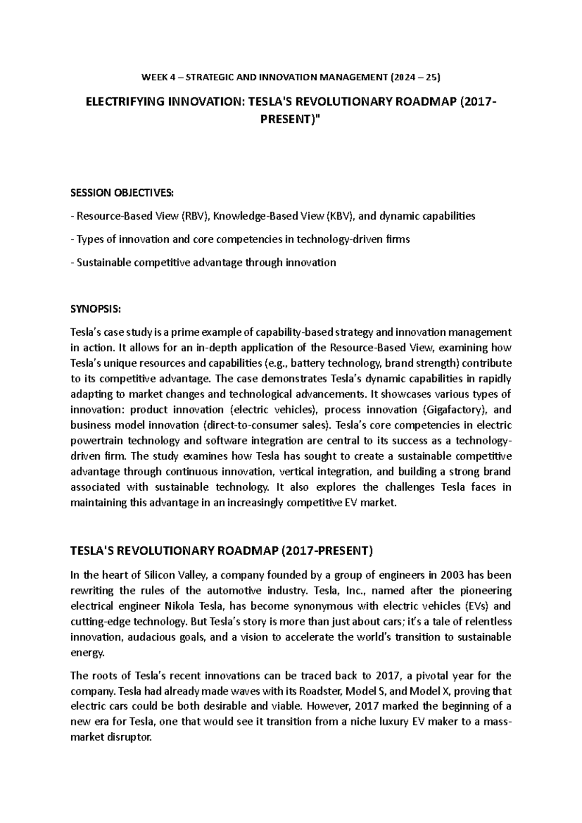 Session 4 - Workshop Case Study Electrifying Innovation Tesla's ...