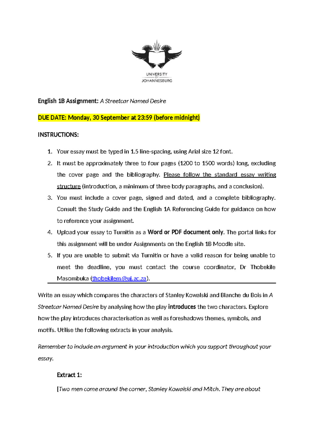 Essay 2 Streetcar - English 1B 2024 - English 1B Assignment: A ...