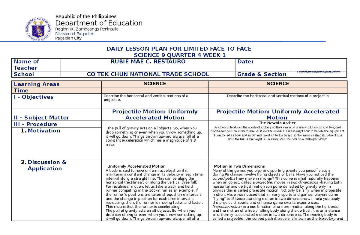 WEEK 1 - daily lesson log - Republic of the Philippines Department of ...
