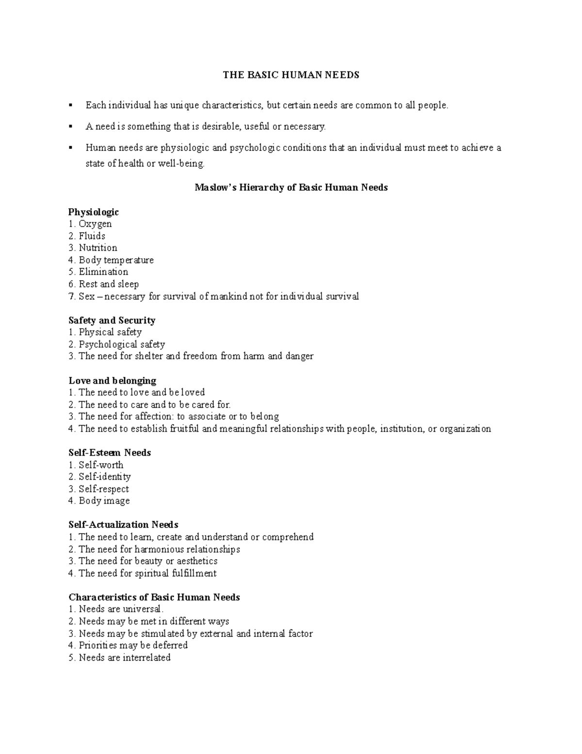 Additional Information - THE BASIC HUMAN NEEDS Each individual has ...