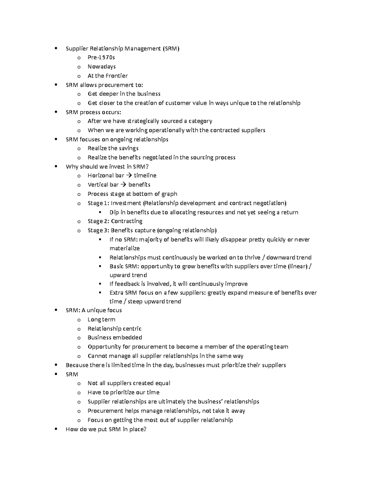 Lesson 5 Notes - Supplier Relationship Management (SRM) o Pre-1970s o ...