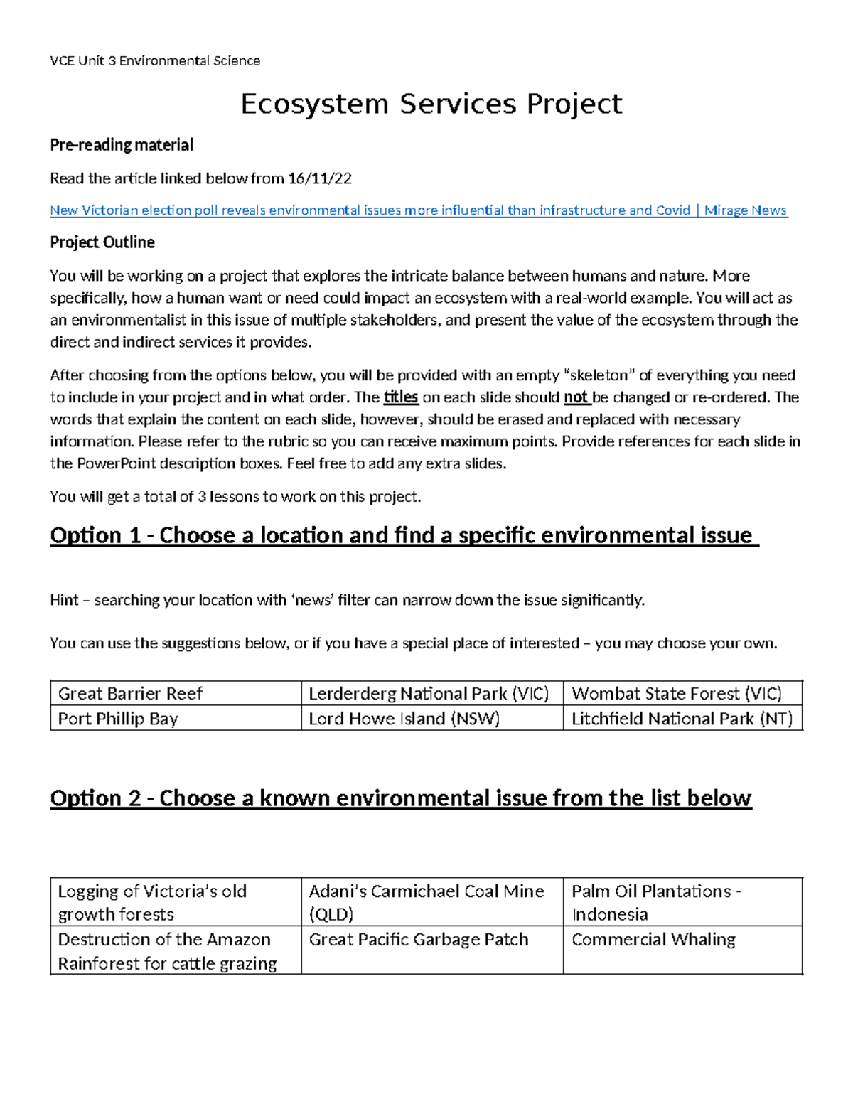 Ecosystem Services Project 1 - ####### VCE Unit 3 Environmental Science ...