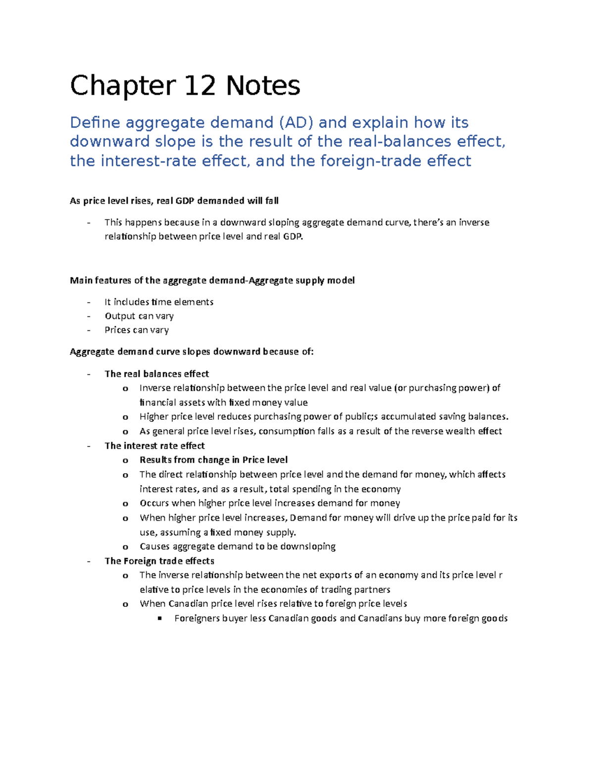 Chapter 12 Intro To Macro Econ Lecture Notes Chapter 12 Notes Define Aggregate Demand Ad