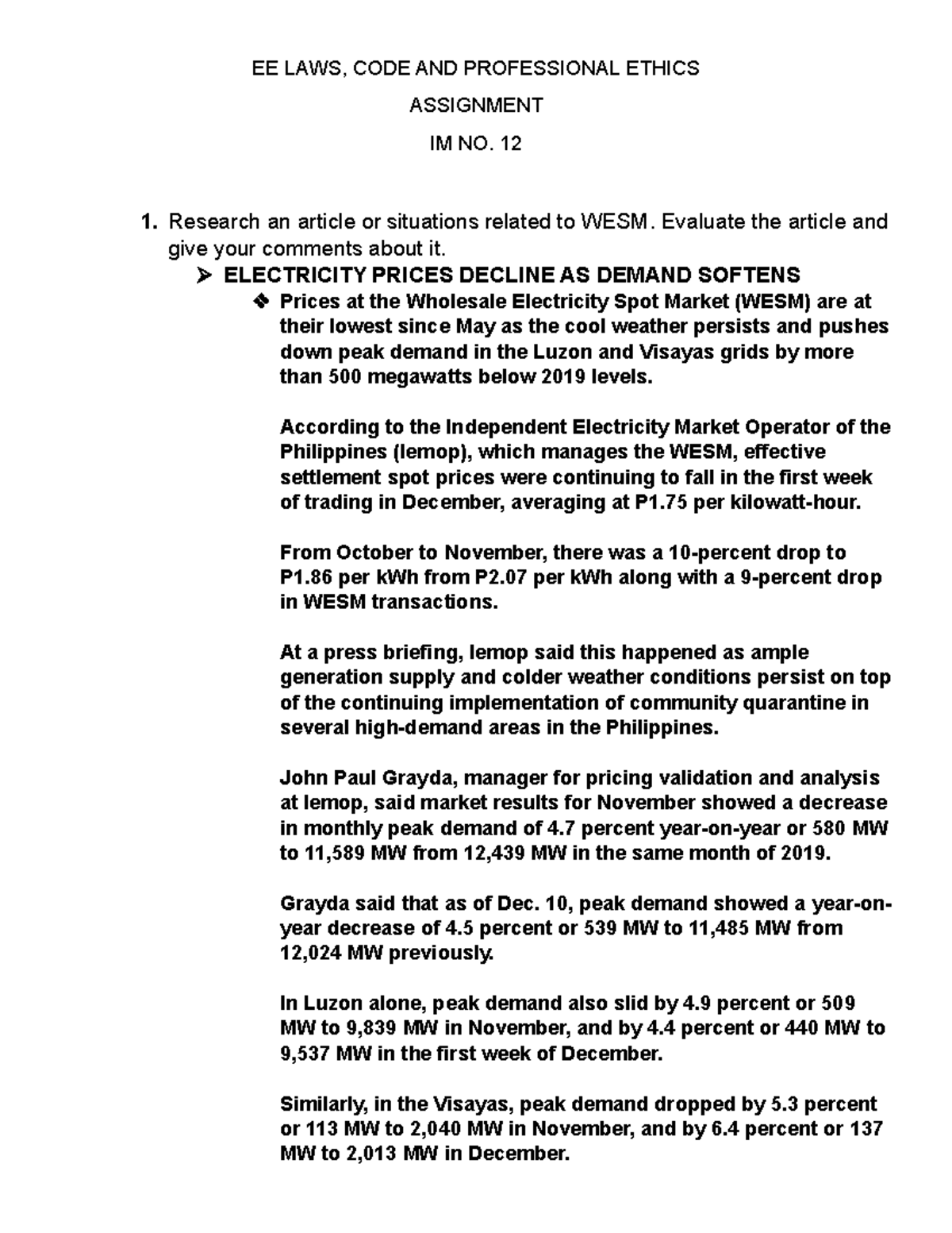 EE LAWS,CODE AND Ethics Assignment IM NO. 12 - EE LAWS, CODE AND PROFESSIONAL ETHICS ASSIGNMENT ...