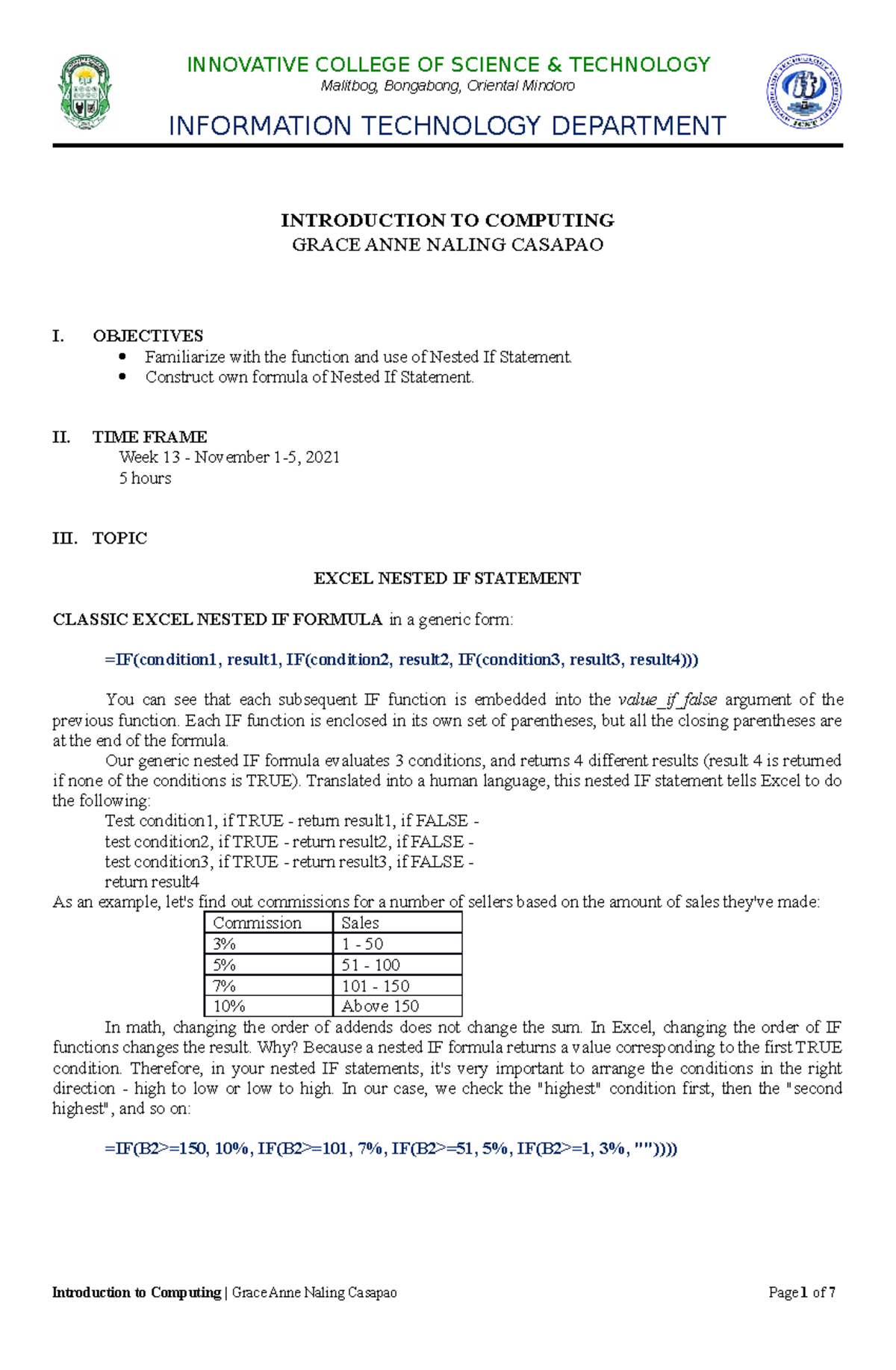 Week13 introduction to computing - INNOVATIVE COLLEGE OF SCIENCE ...