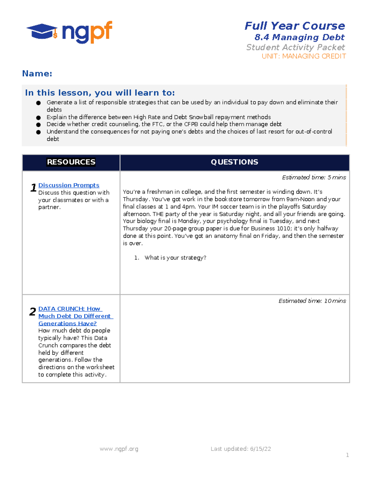 8.4 Managing Debt - cac - Full Year Course 8 Managing Debt Student ...