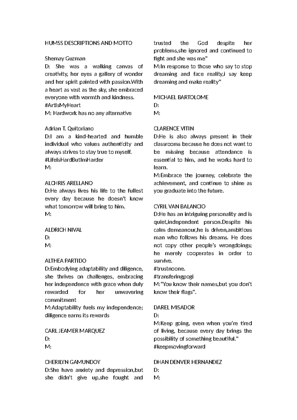 Humss Descriptions AND Motto - HUMSS DESCRIPTIONS AND MOTTO Shemay ...