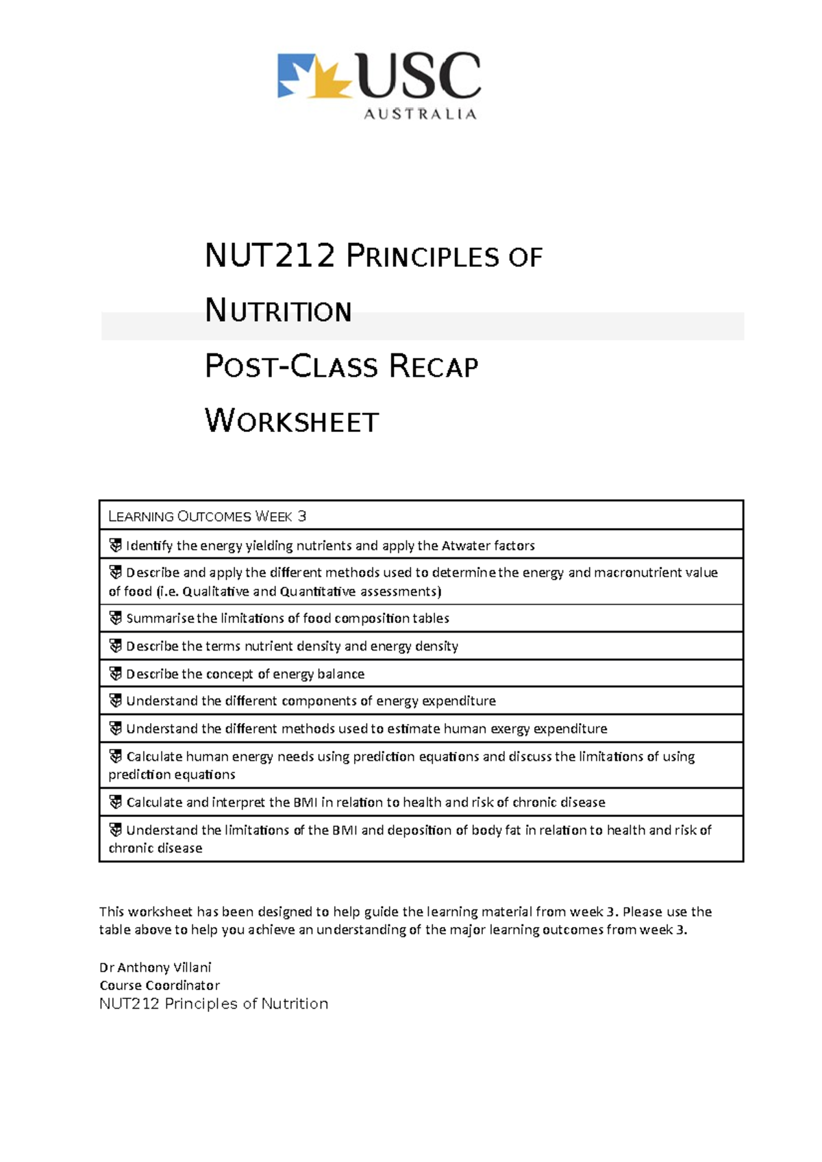 Recap worksheet 3 - energy balance and expenditure - NUT212 PRINCIPLES ...
