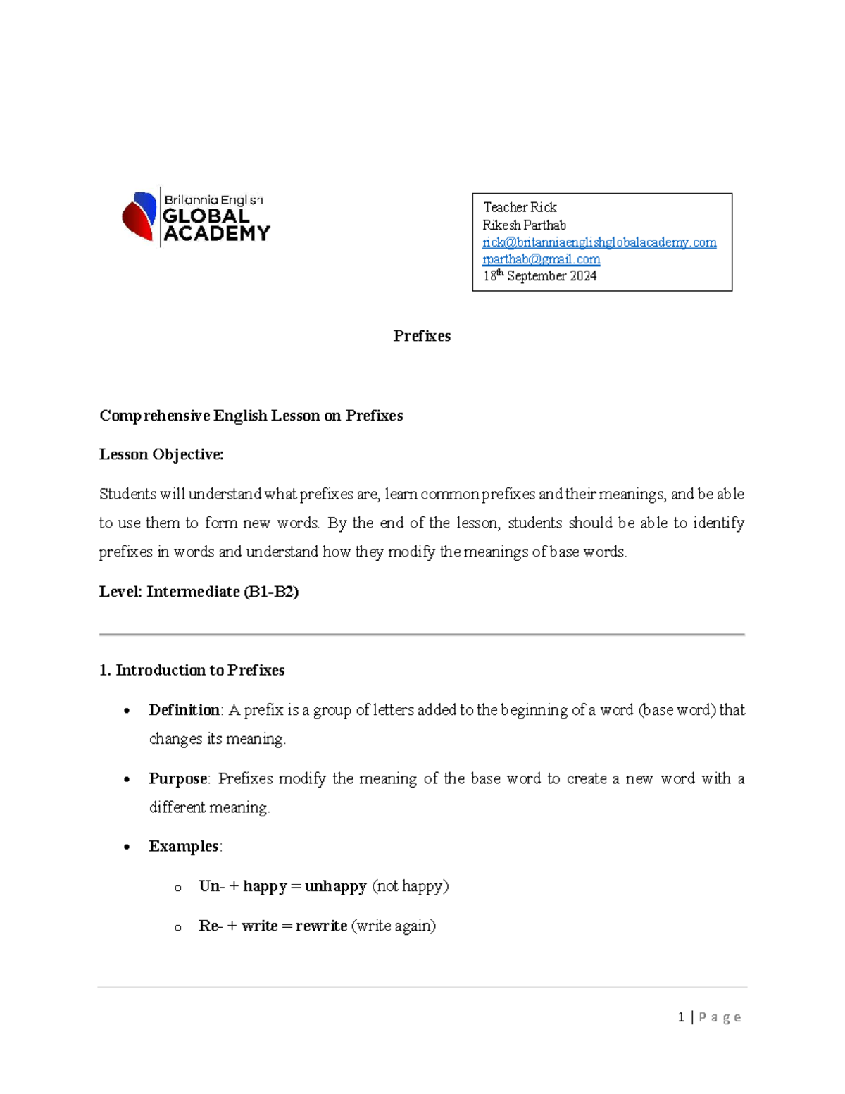 Prefixes lesson plan - Prefixes Comprehensive English Lesson on ...