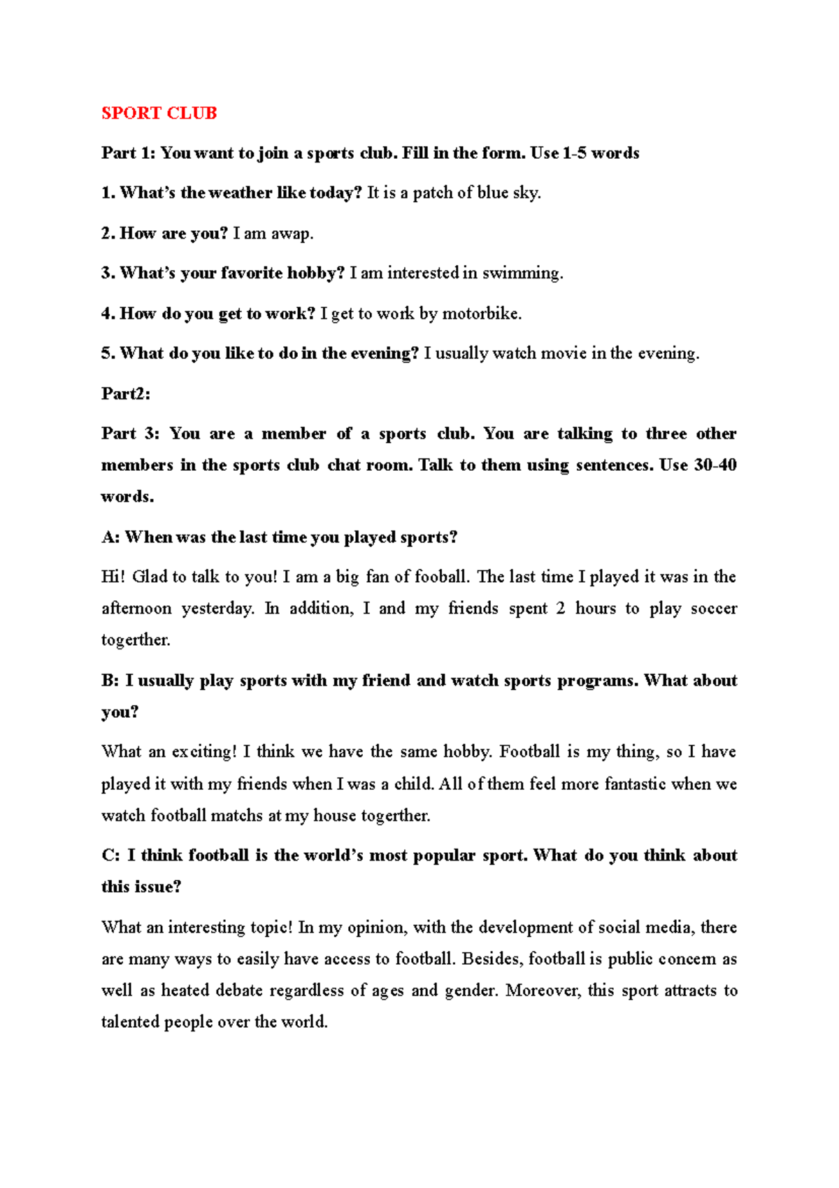Sport CLUB - CLUB - SPORT CLUB Part 1: You want to join a sports club ...