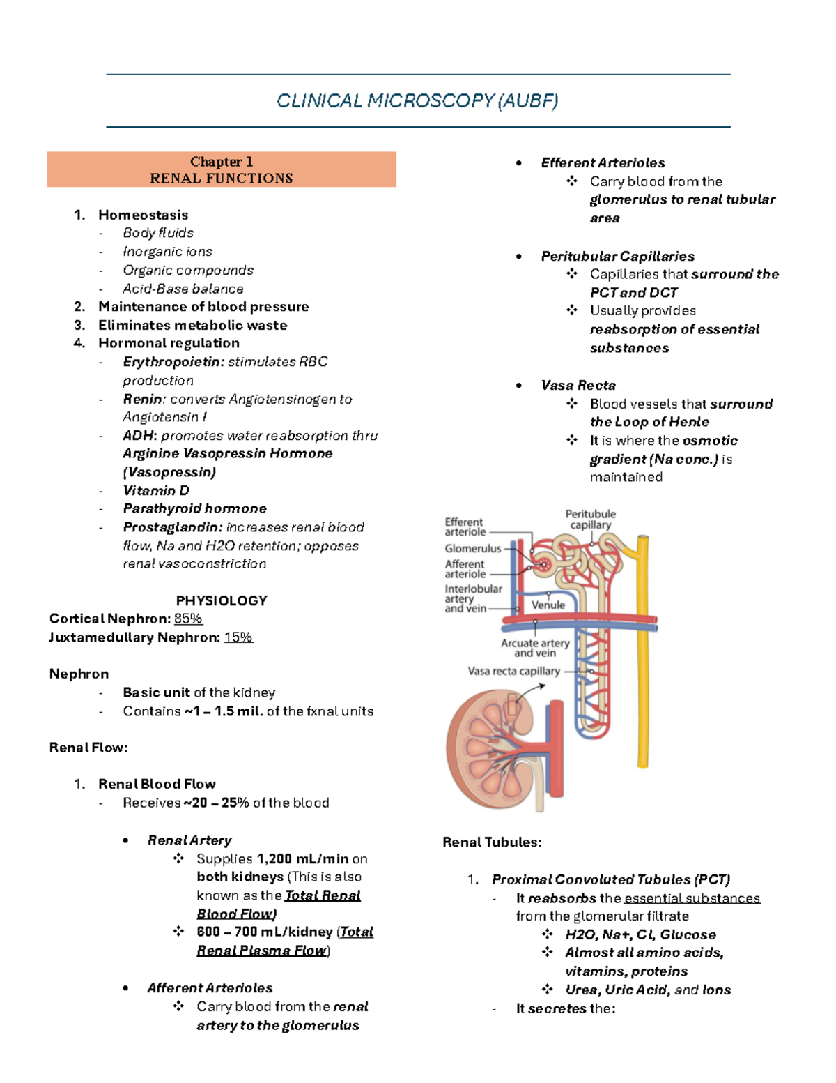 Clinical Microscopy - N/A - CLINICAL MICROSCOPY (AUBF) Chapter 1 RENAL FUNCTIONS Homeostasis ...