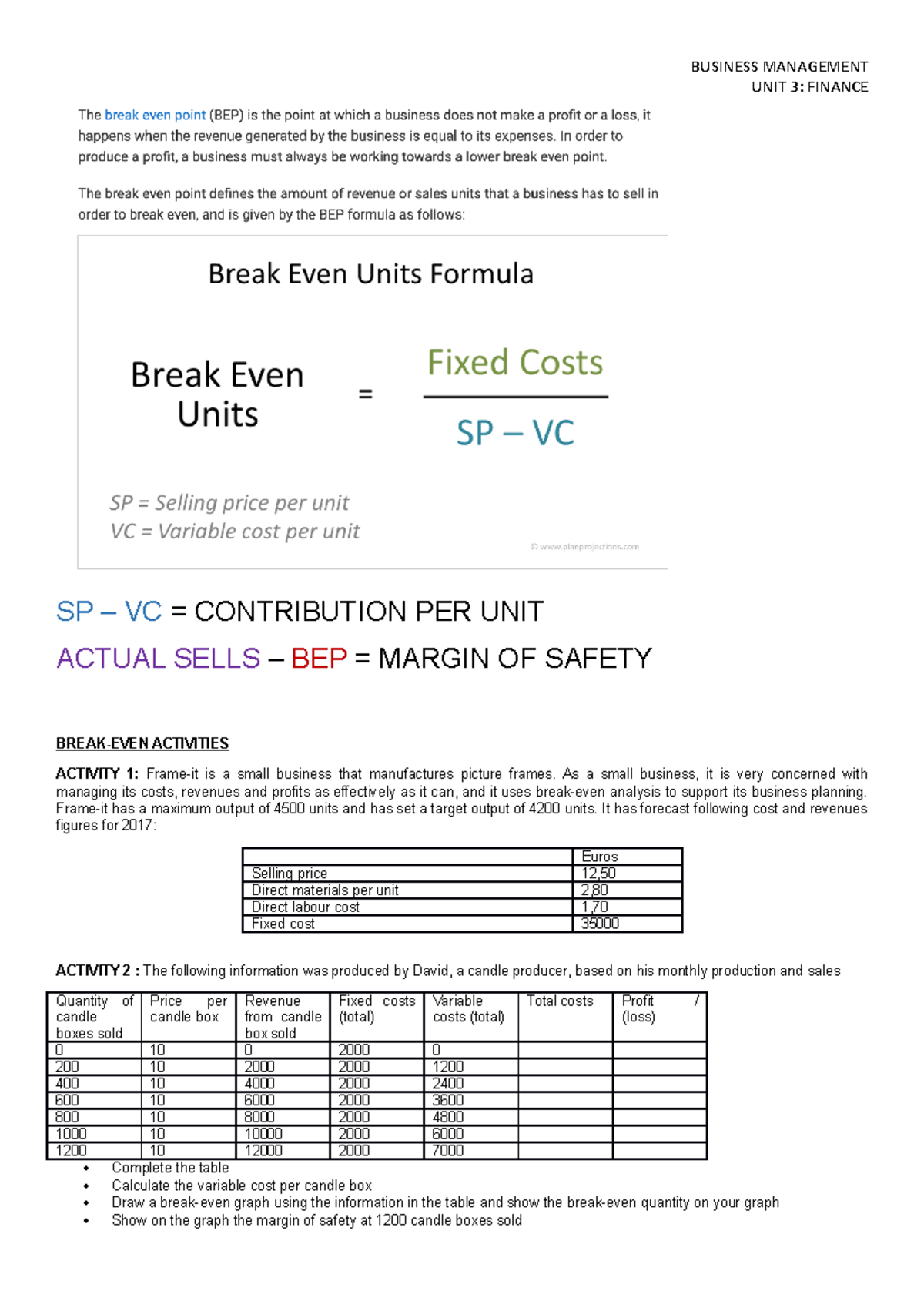 Break EVEN Formula AND ACT - BUSINESS MANAGEMENT UNIT 3: FINANCE SP ...