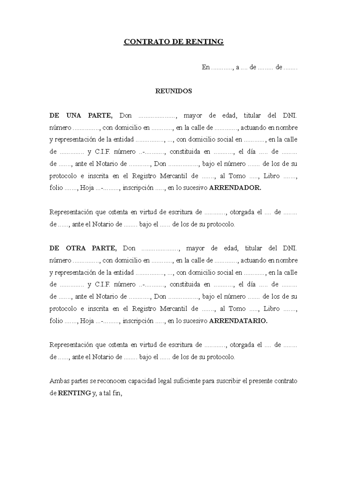 Modelo de contrato de renting - CONTRATO DE RENTING En ............, a ...