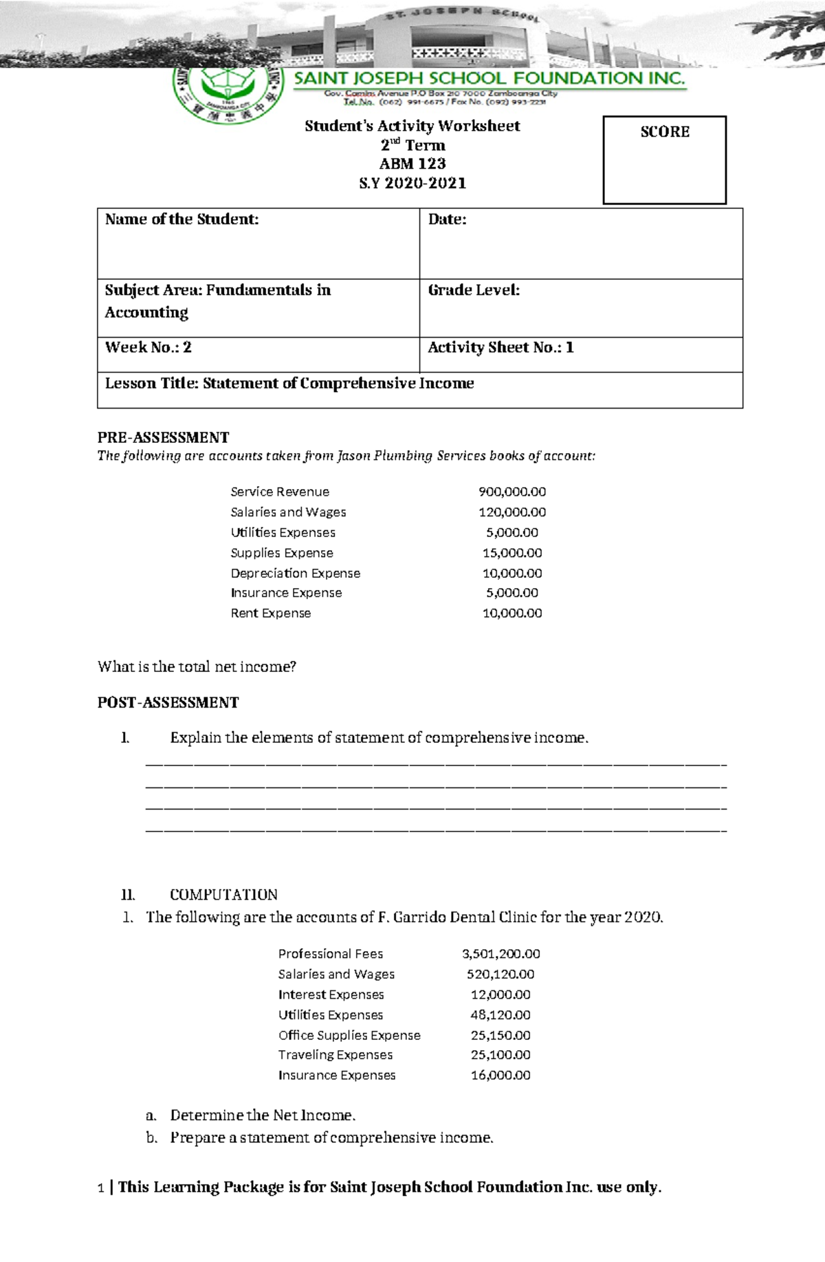 WS2 Statement of Comprehensive Income - Student’s Activity Worksheet 2 ...