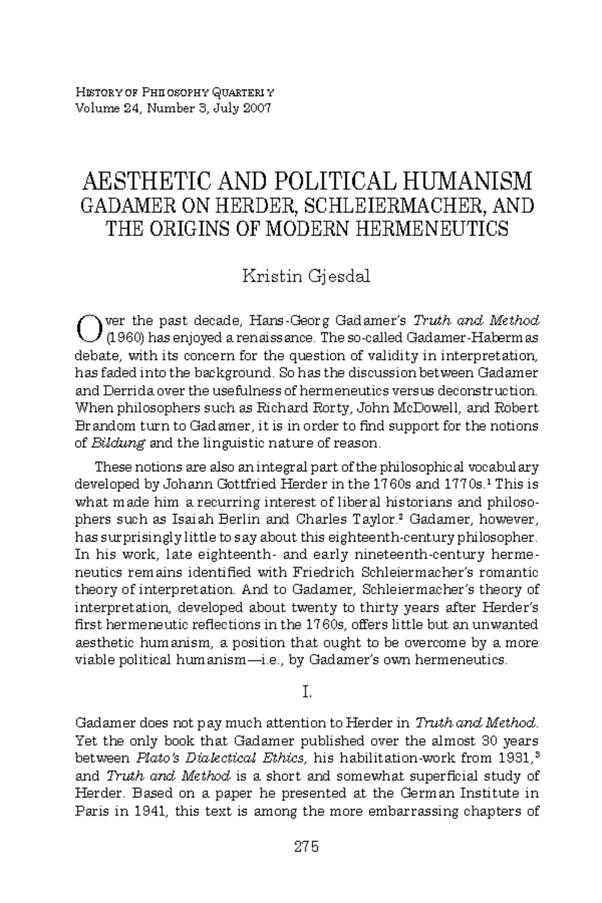 Aesthetic and political humanism gadamer - HISTORY OF PHILOSOPHY ...