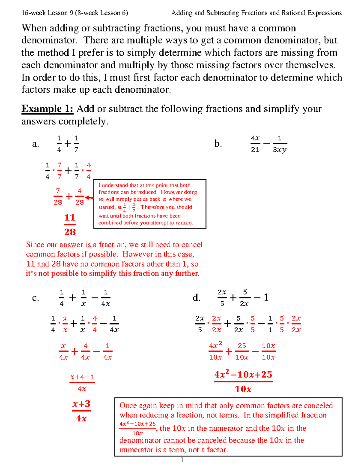 Adding and Subtracting Fractions and Rational Expressions - When adding ...