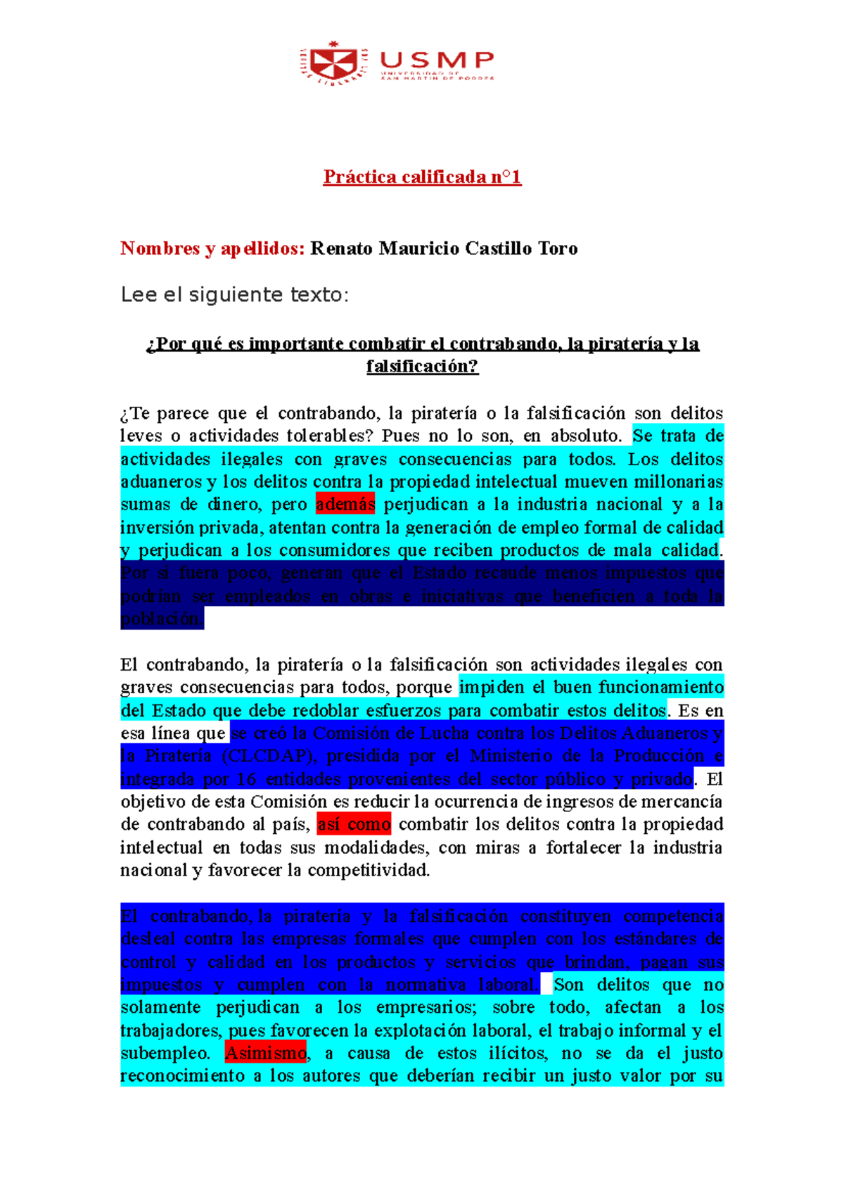 Práctica calificada n°1 - Práctica calificada n° Nombres y apellidos: Renato Mauricio Castillo ...