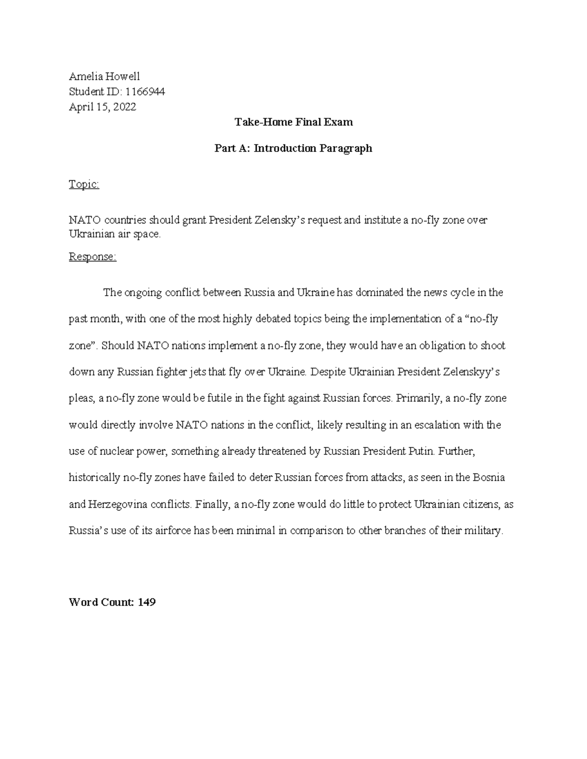 Effective Writing - Final Exam - Amelia Howell Student ID: 1166944 ...