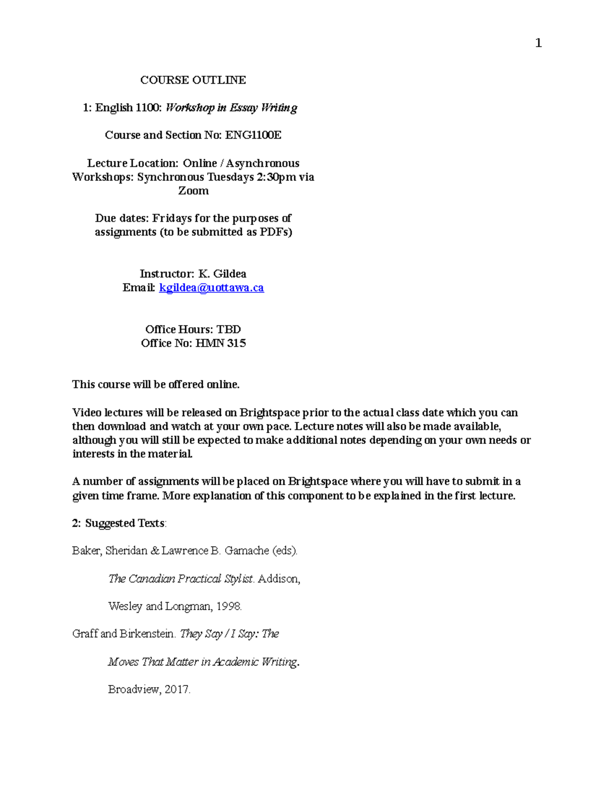 Kevin Gildea Course Outline 2023 - COURSE OUTLINE 1: English 1100 ...