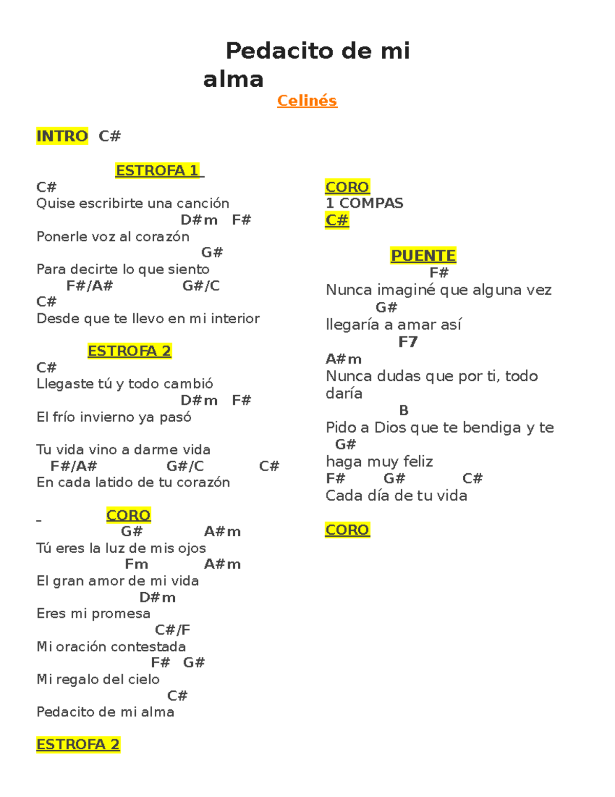 Pedacito de mi alma - letra - Pedacito de mi alma Celinés INTRO C# ...