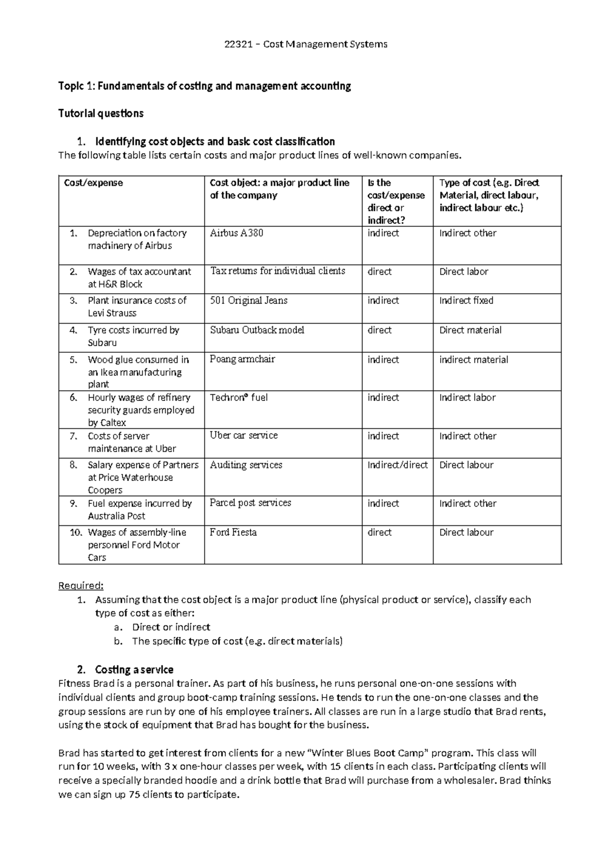 22321 - Topic 1 - Tutorial questions - 22321 – Cost Management Systems ...