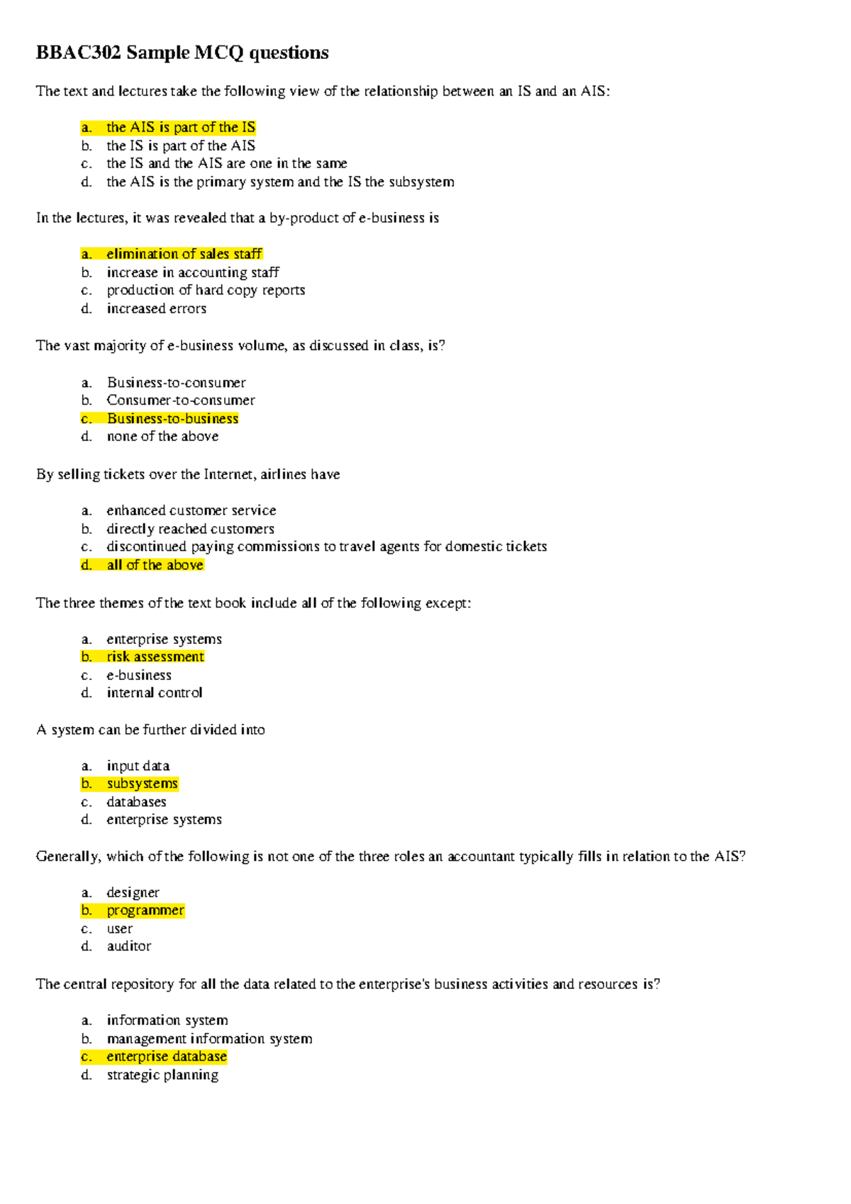 Sample MCQs - MCQs - BBAC302 Sample MCQ questions The text and lectures ...