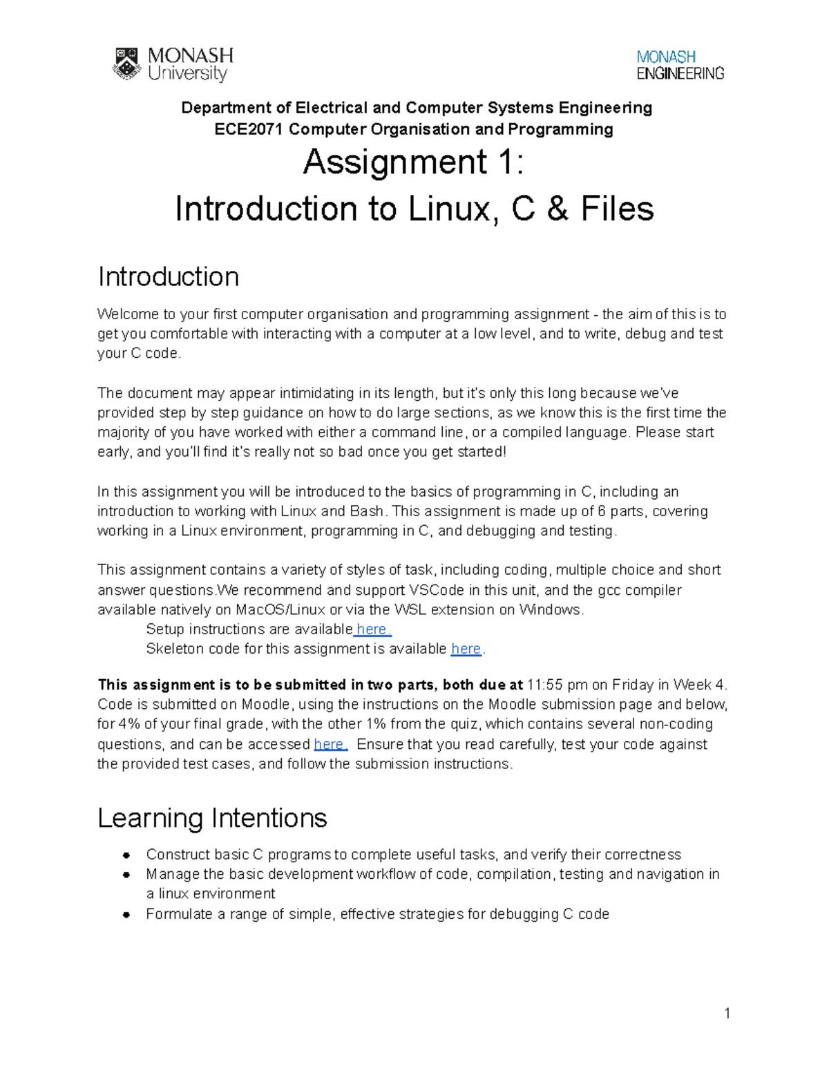 ECE2071 Assignment 1 - Introduction to Linux, C & Files - Department of ...