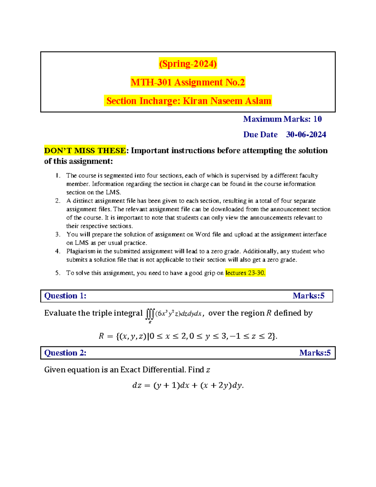 Mth301 (Calculus ||) assignment no 2 Spring 2024 - (Spring- 2024 ) MTH-301 Assignment No ...