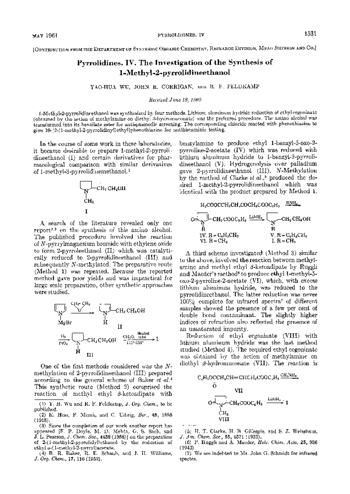 Síntesis de Pirroles Paper - MAY 1961 PYRROLIDINES. I V 1531 ...