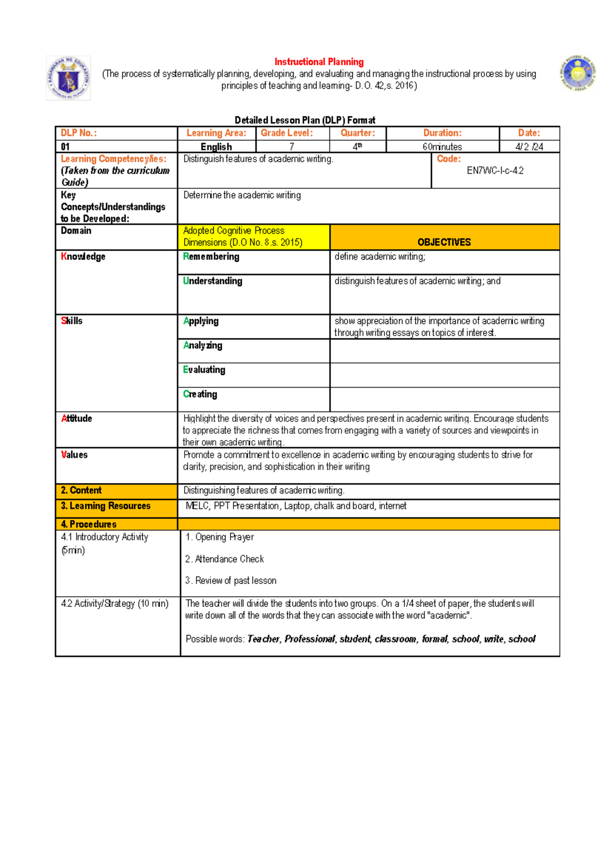 DLP-1 - Instructional Planning (The process of systematically planning ...