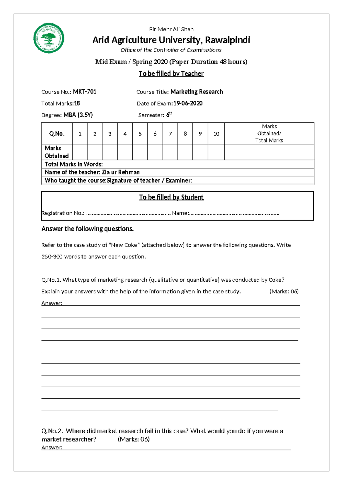 Marketing-Research mid-term paper 19062020 - Pir Mehr Ali Shah Arid ...