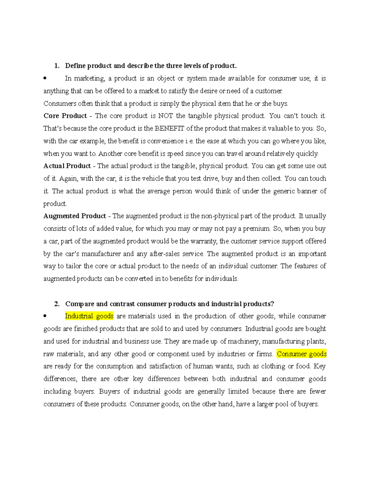 Define product and describe the three levels of product - 1. Define ...