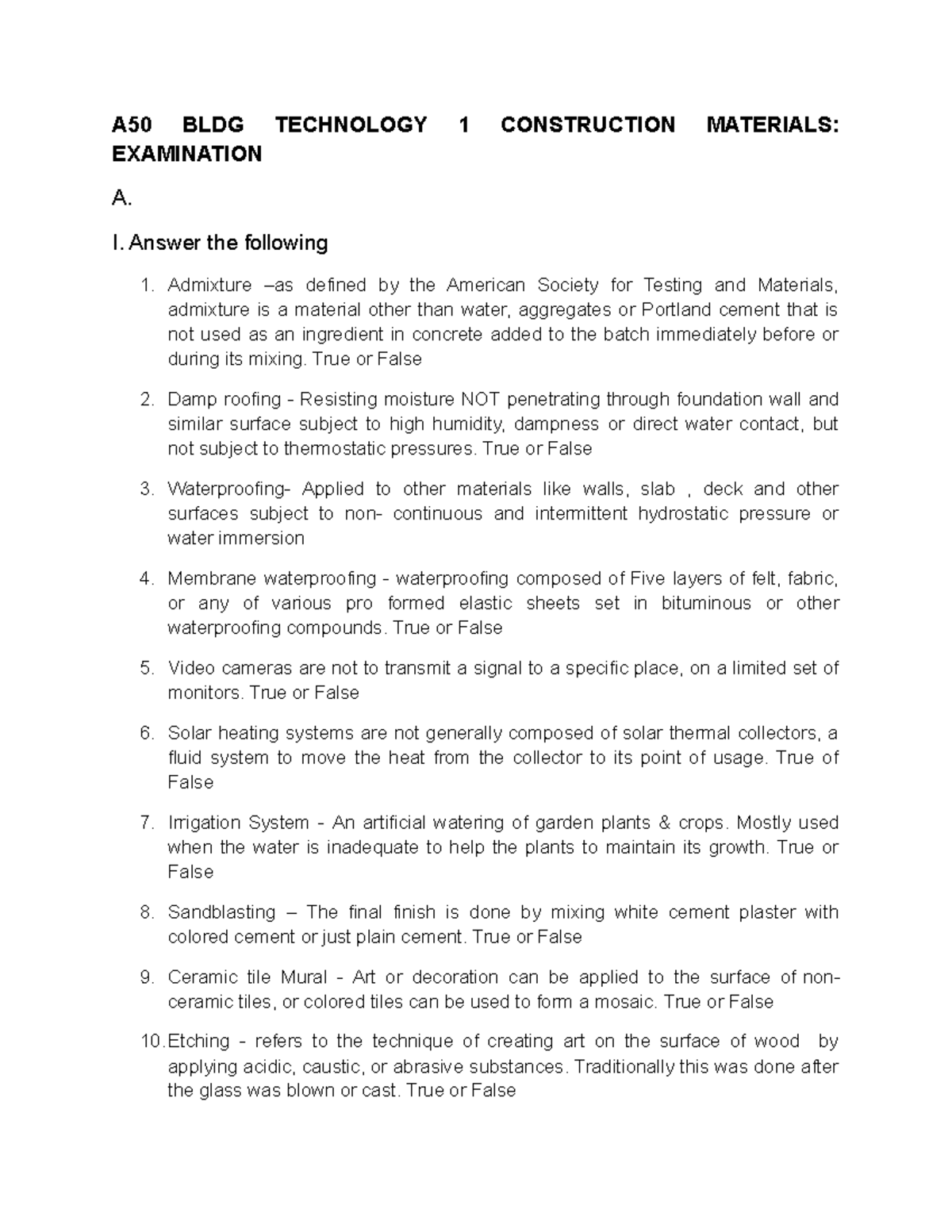 Quizz questions A50 BLDG TECH 1 Materials - A50 BLDG TECHNOLOGY 1 ...