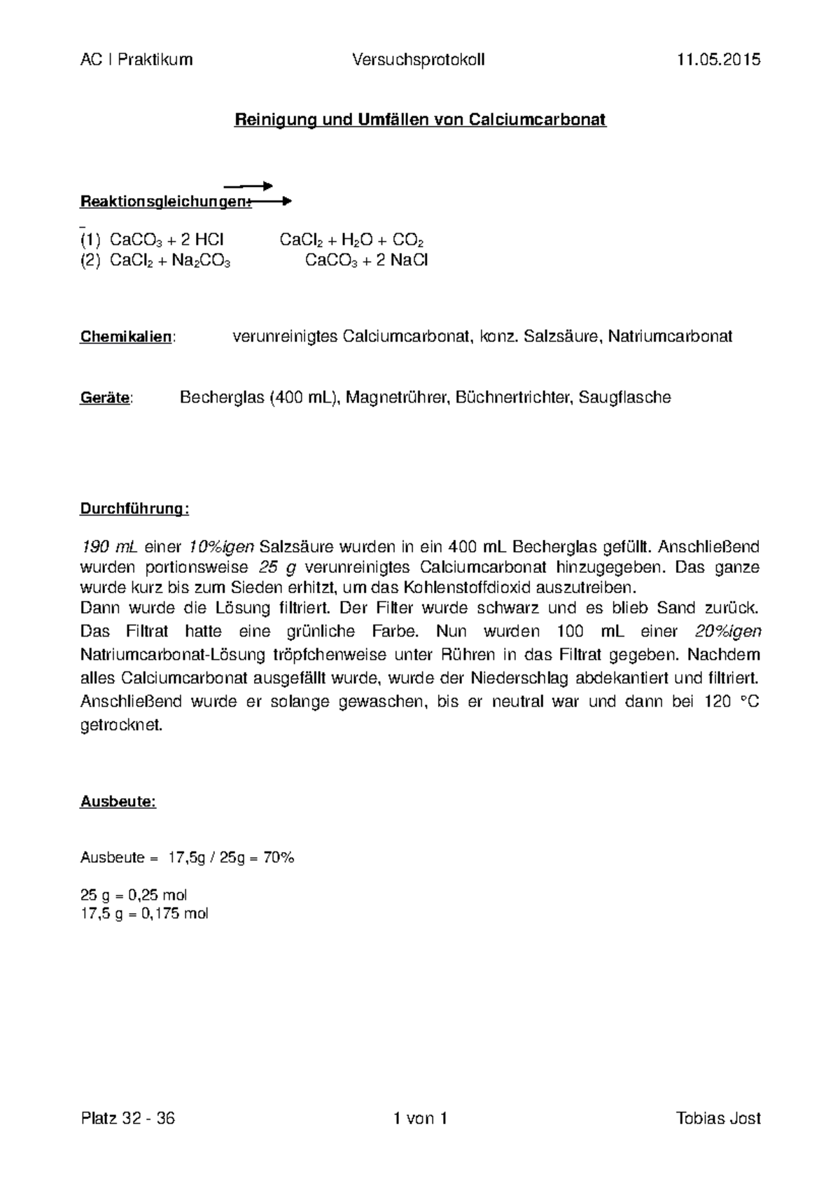 Versuchsprotokoll ATCalciumcarbonat - AC I Praktikum Versuchsprotokoll ...