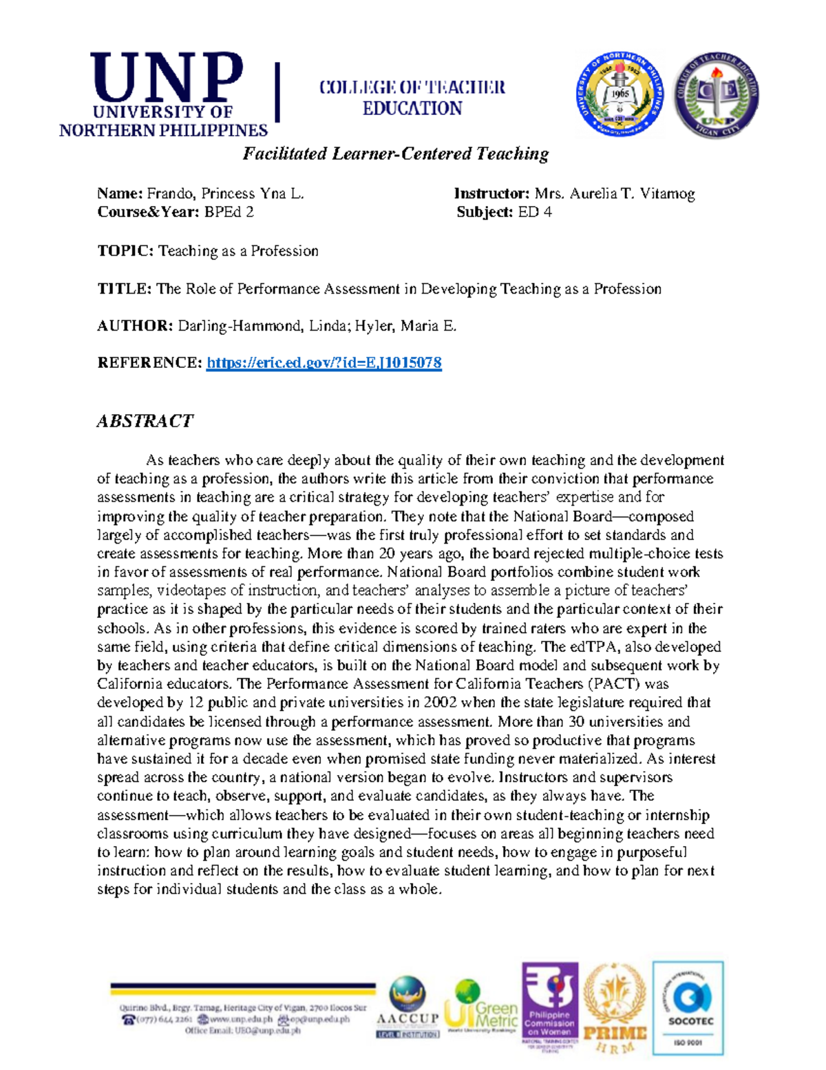 Chapter 1 reflection vic2 - Facilitated Learner-Centered Teaching Name: Frando, Princess Yna L ...