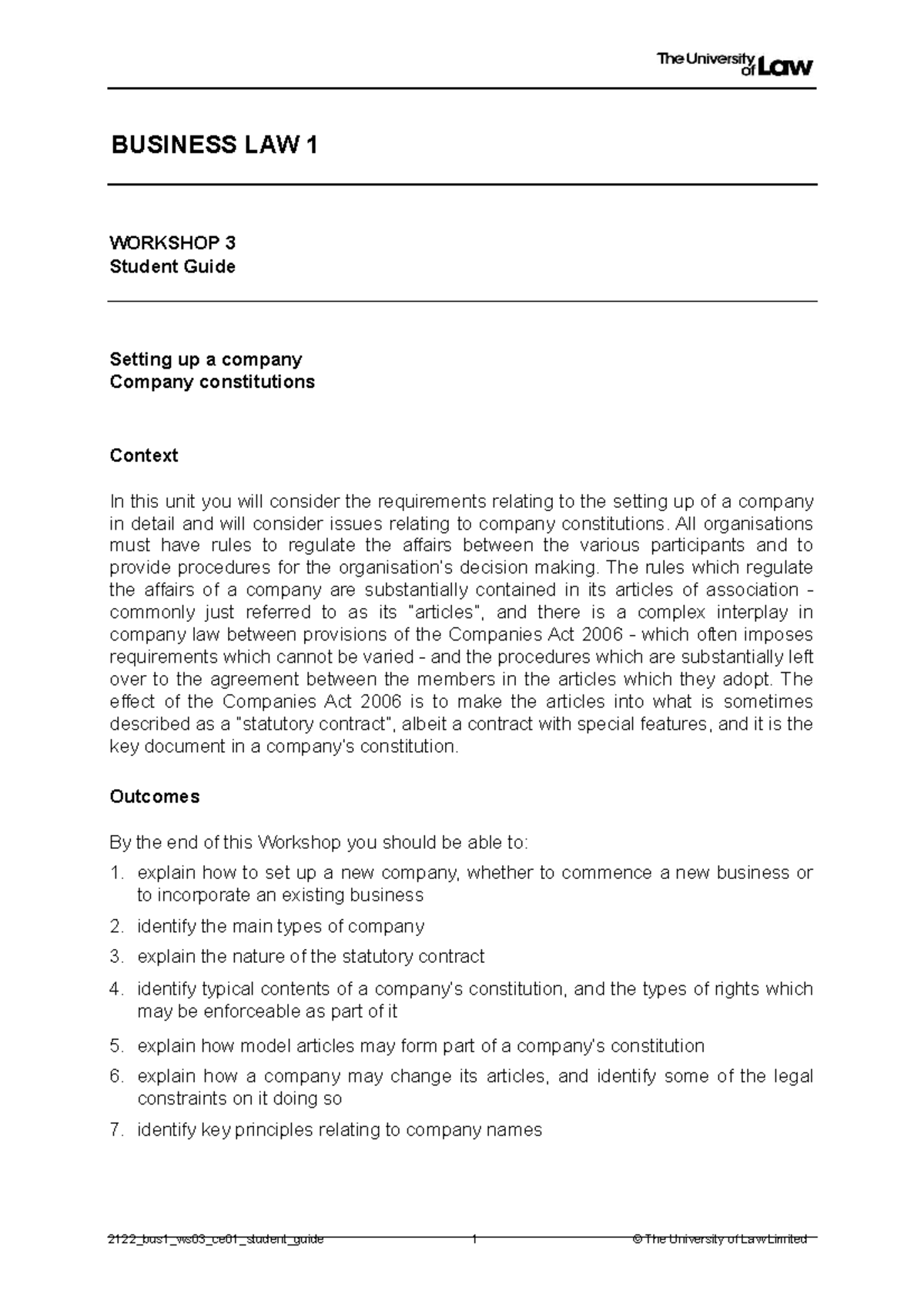 Business Law workshop 3 - BUSINESS LAW 1 WORKSHOP 3 Student Guide ...