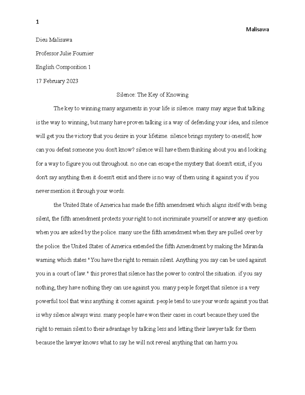 Essay 2 - 1 Malisawa Dieu Malisawa Professor Julie Fournier English ...