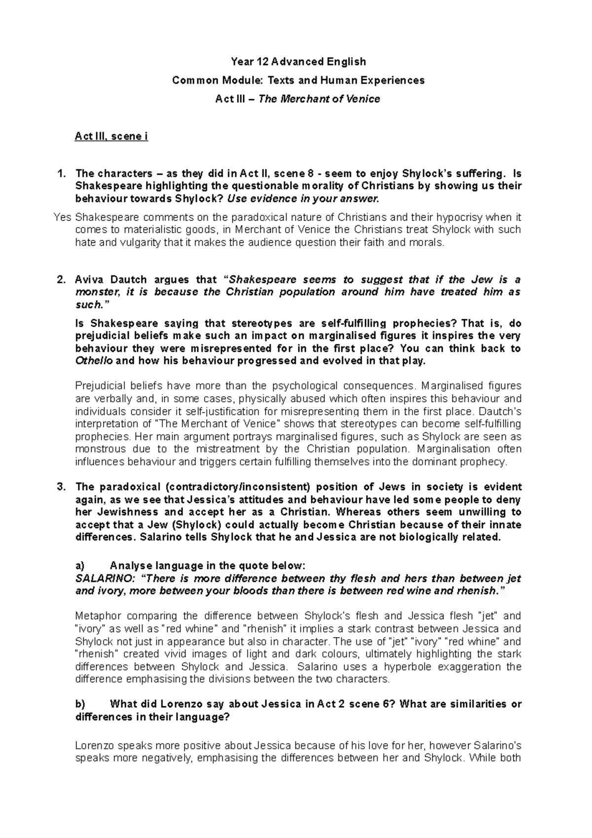 3. Act III questions - act 3 notes - Year 12 Advanced English Common ...