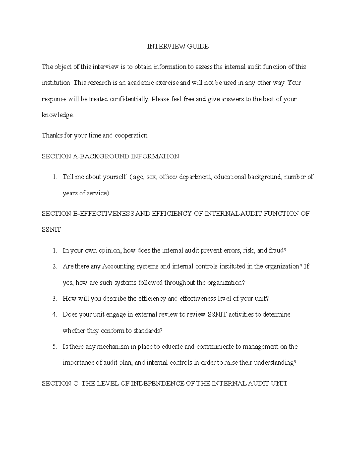 Interview guide - INTERVIEW GUIDE The object of this interview is to ...