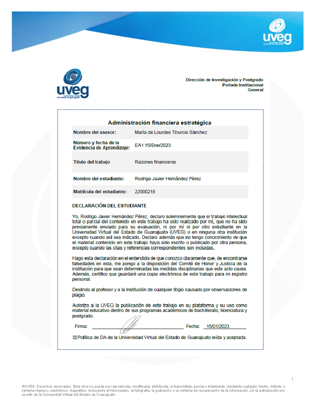 EA1. Razones financieras. - 1 ©UVEG. Derechos reservados. Esta obra no ...