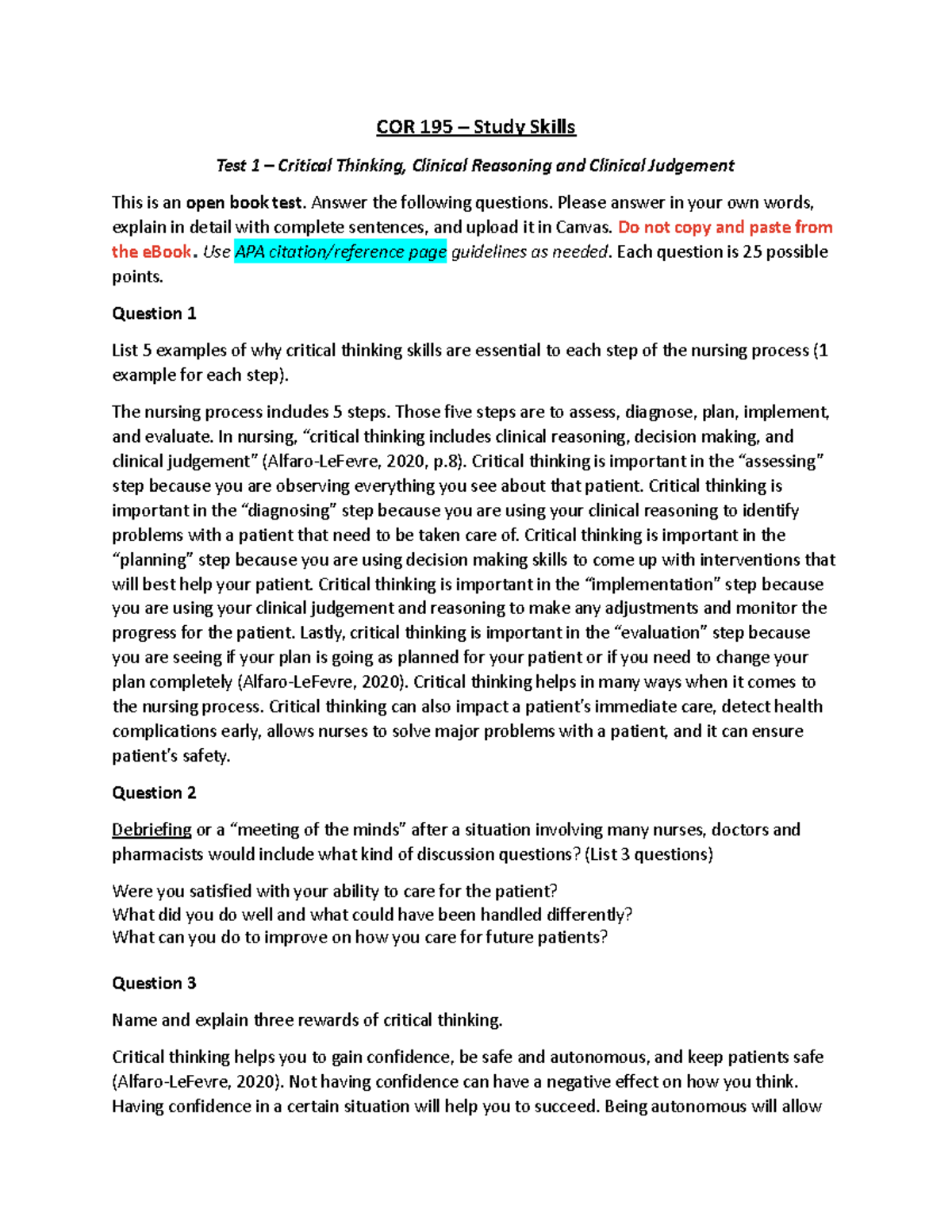 COR195 Test 1 - Test - COR 195 – Study Skills Test 1 – Critical ...