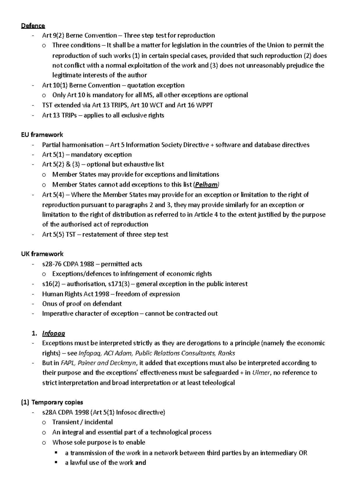 Defence - Topic 7 - Defence - Art 9(2) Berne Convention – Three step ...