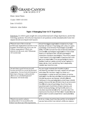 UNV103 T3 Time Management GCU - Name: James Tatum Course: UNV-103- Date ...