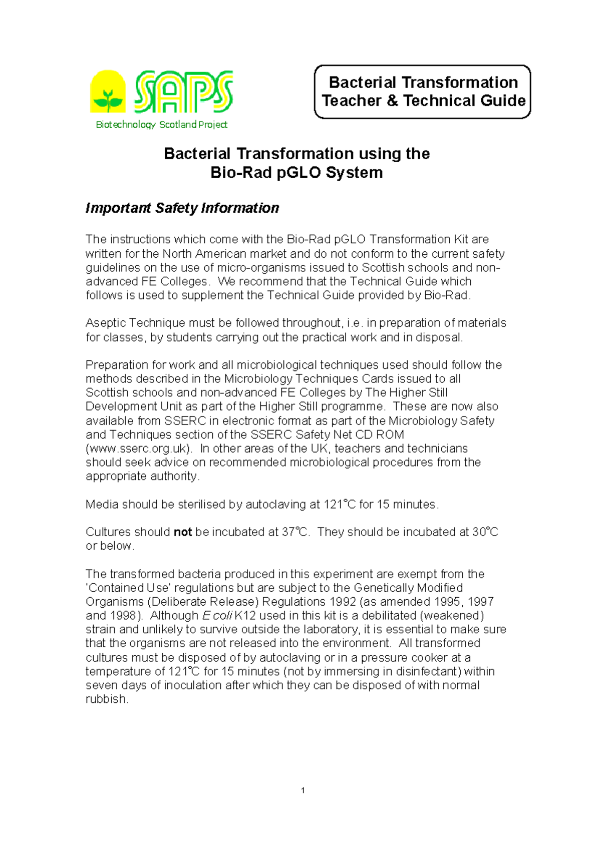 P GLO-transf-tech-guide 11 - Bacterial Transformation using the Bio-Rad ...
