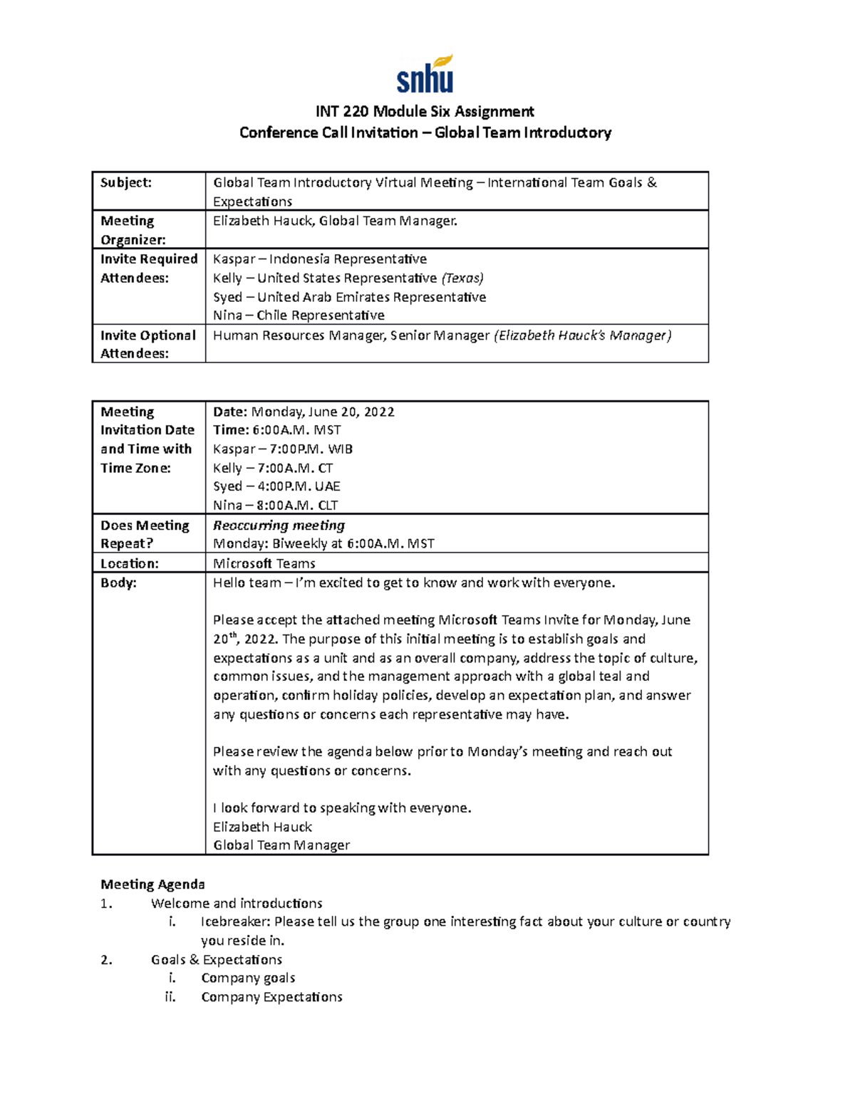 INT 220 Conference Call Invitation - INT 220 Module Six Assignment ...